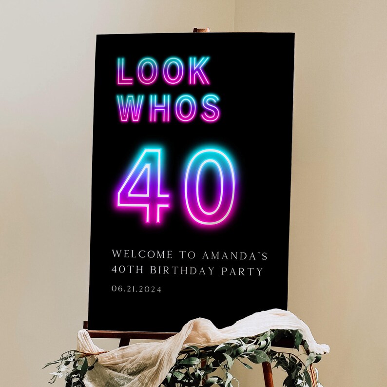 Neon 40th Birthday Party Welcome Sign, Neon Shine Birthday Poster, Any ...