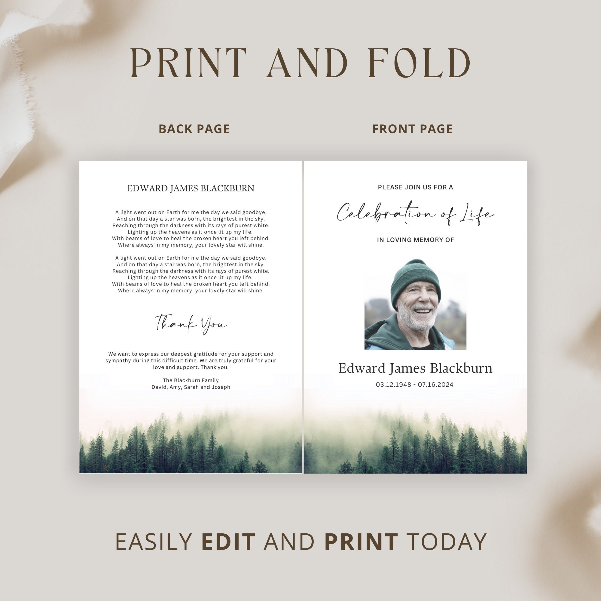 Forest Funeral Program, Outdoor Obituary Template, Printable Order of ...