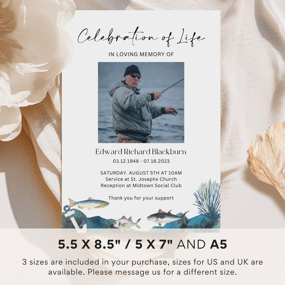 Fishing Funeral Announcement for Man, Outdoors Memorial Invitation ...