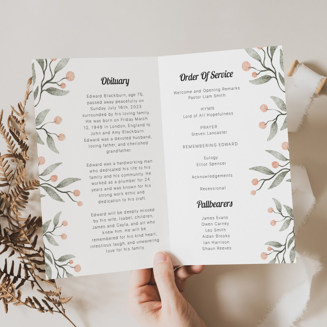 Printable Funeral Program Template Floral Order of Service Memorial ...