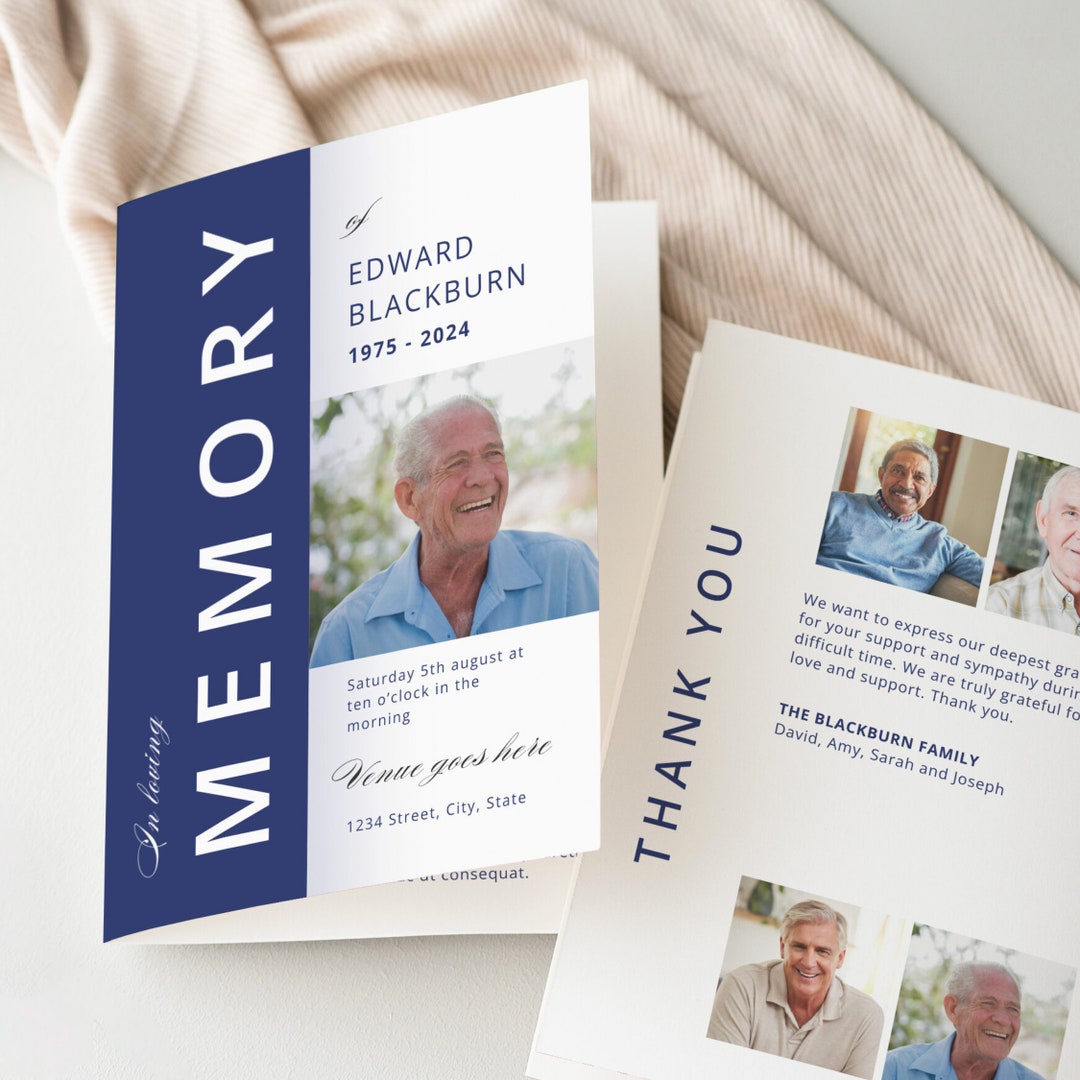 Blue Funeral Program for Man, Editable Obituary Template, Memorial ...