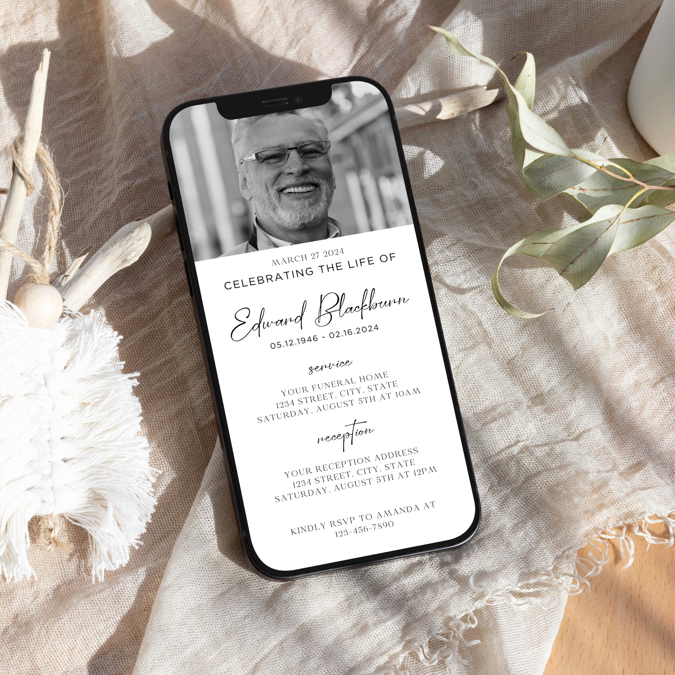 Minimal Funeral Invitation, Electronic Obituary Template for Man ...