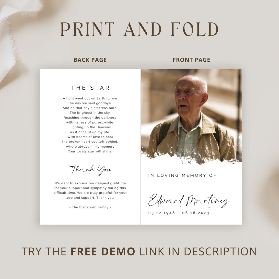 Editable Funeral Program Template in Loving Memory Printable Obituary ...