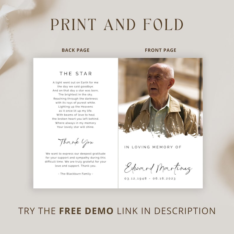 Editable Funeral Program Template in Loving Memory Printable Obituary ...