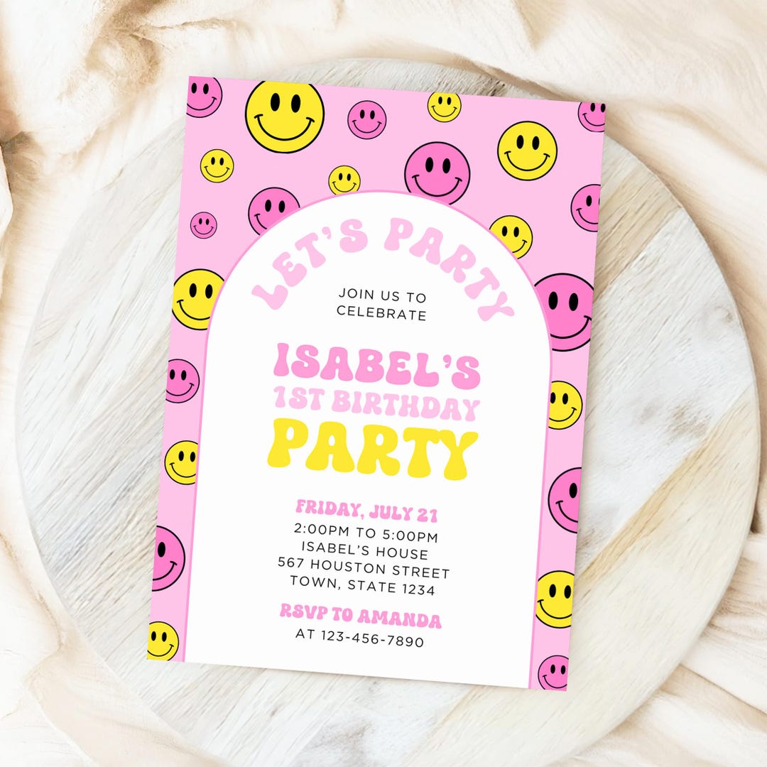 Smiley Face Birthday Party Invitation Template, Pastel Pink Invite ...