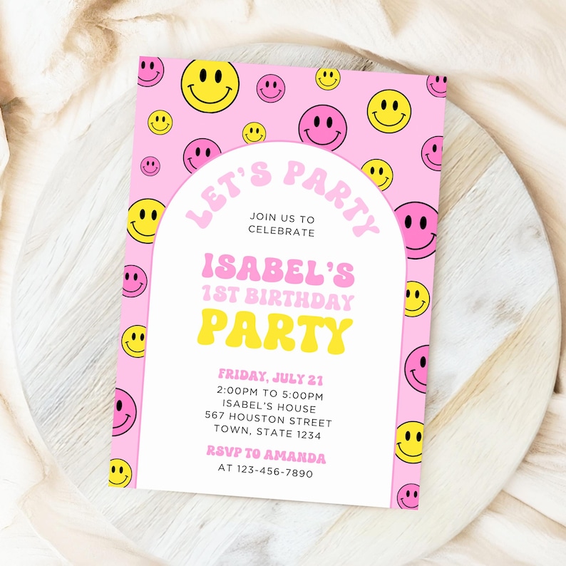 Smiley Face Birthday Party Invitation Template, Pastel Pink Invite ...