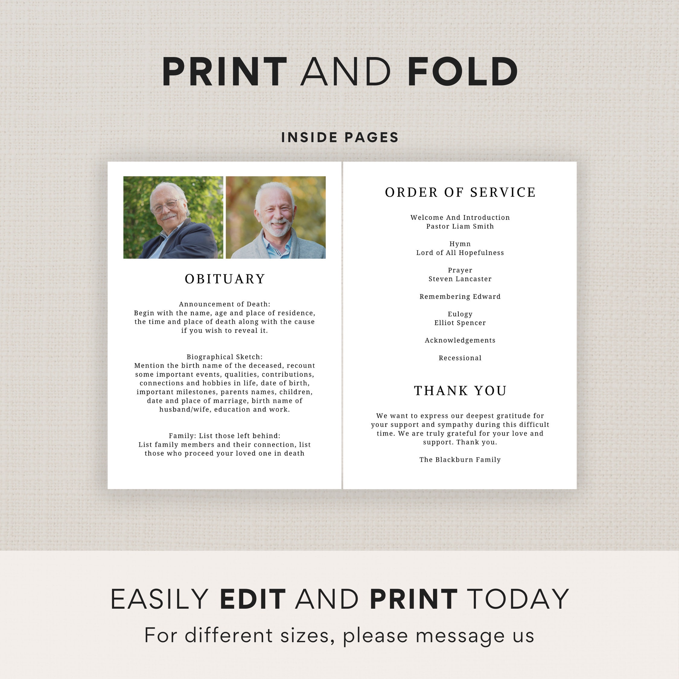 Funeral Program Template for Man, Minimal Obituary, Celebration of Life ...