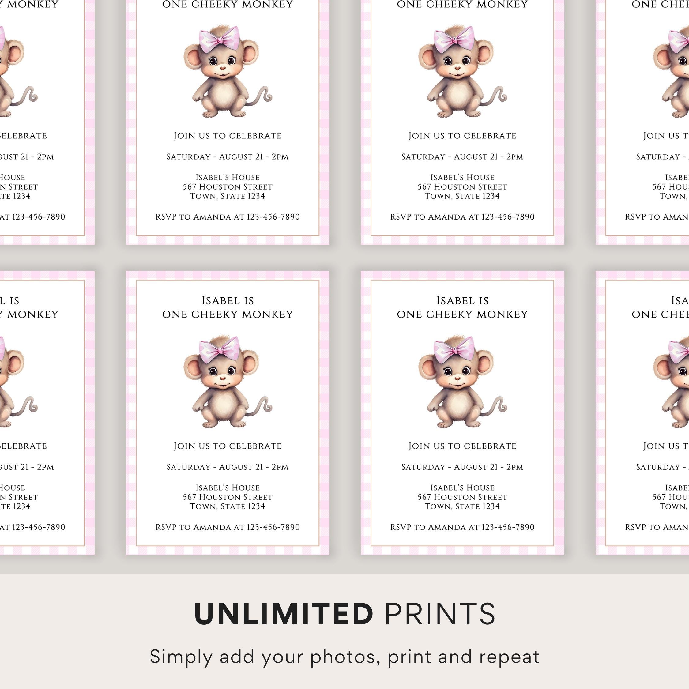 Cheeky Monkey Birthday Invitation Template, Editable First Birthday ...