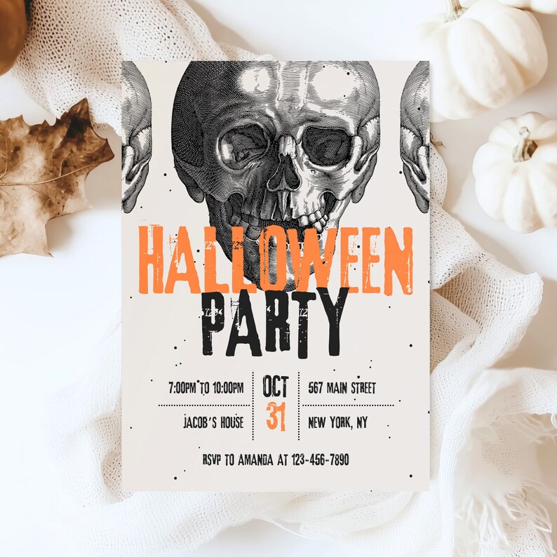 Vintage Skull Halloween Invitation Template, Editable Costume Party ...