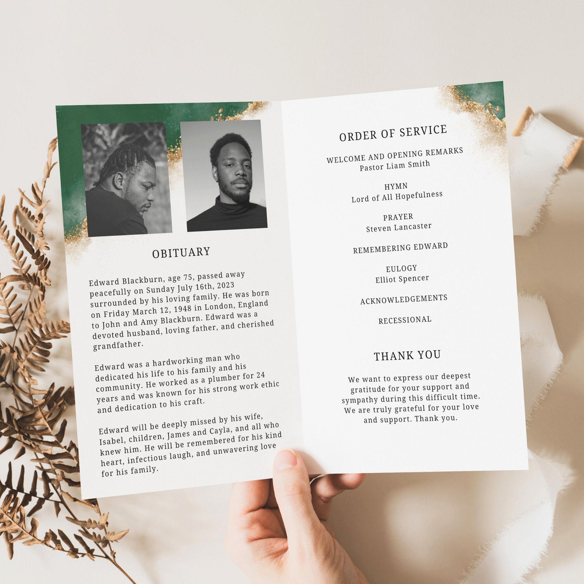 Emerald Funeral Program Template for Man, Green Order of Service ...