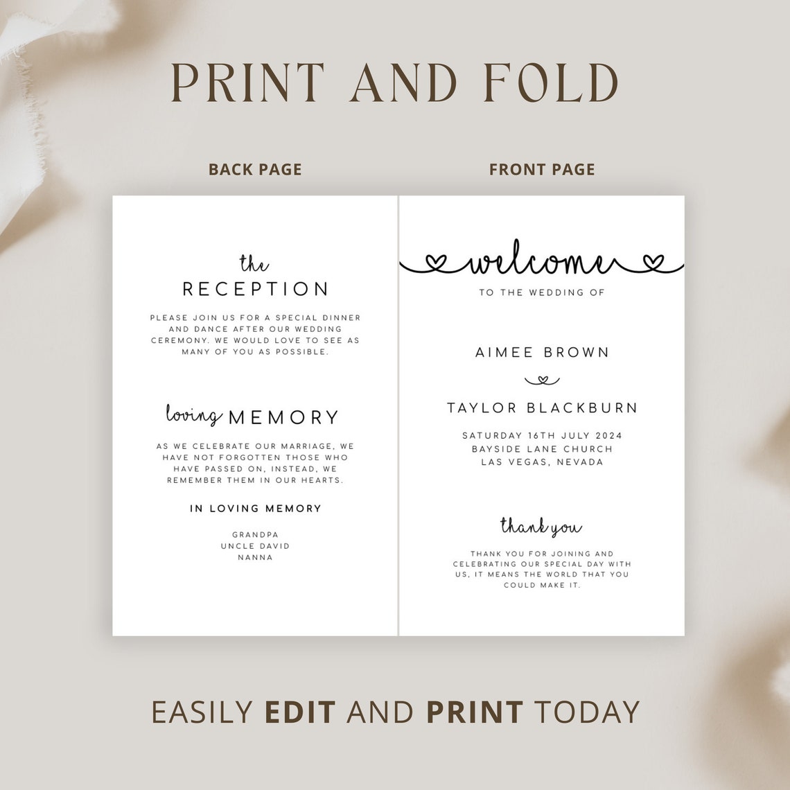 Modern Wedding Program Template, Church Program Wedding, Minimal Order ...