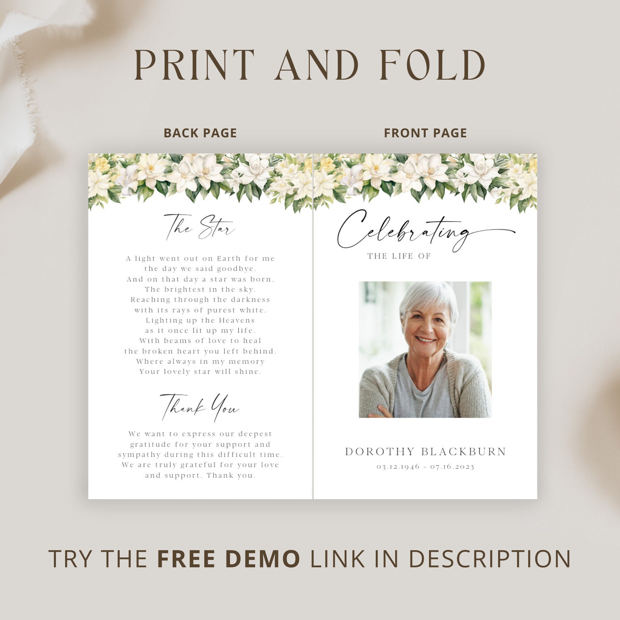 Floral Funeral Program Template for Woman, Lily Flowers, Greenery ...