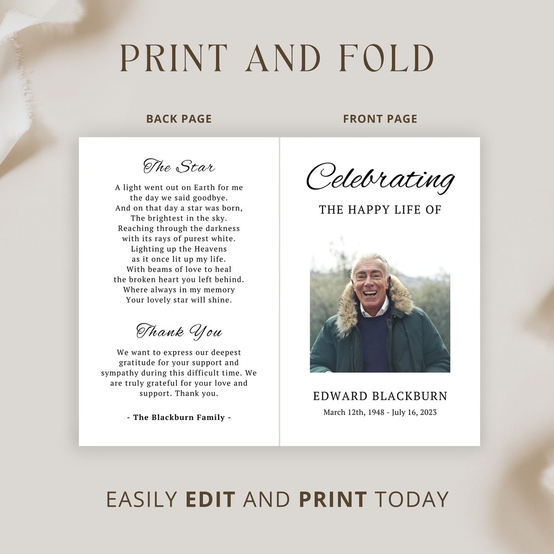 Minimalist Funeral Program, Modern Memorial Program Template, Editable ...