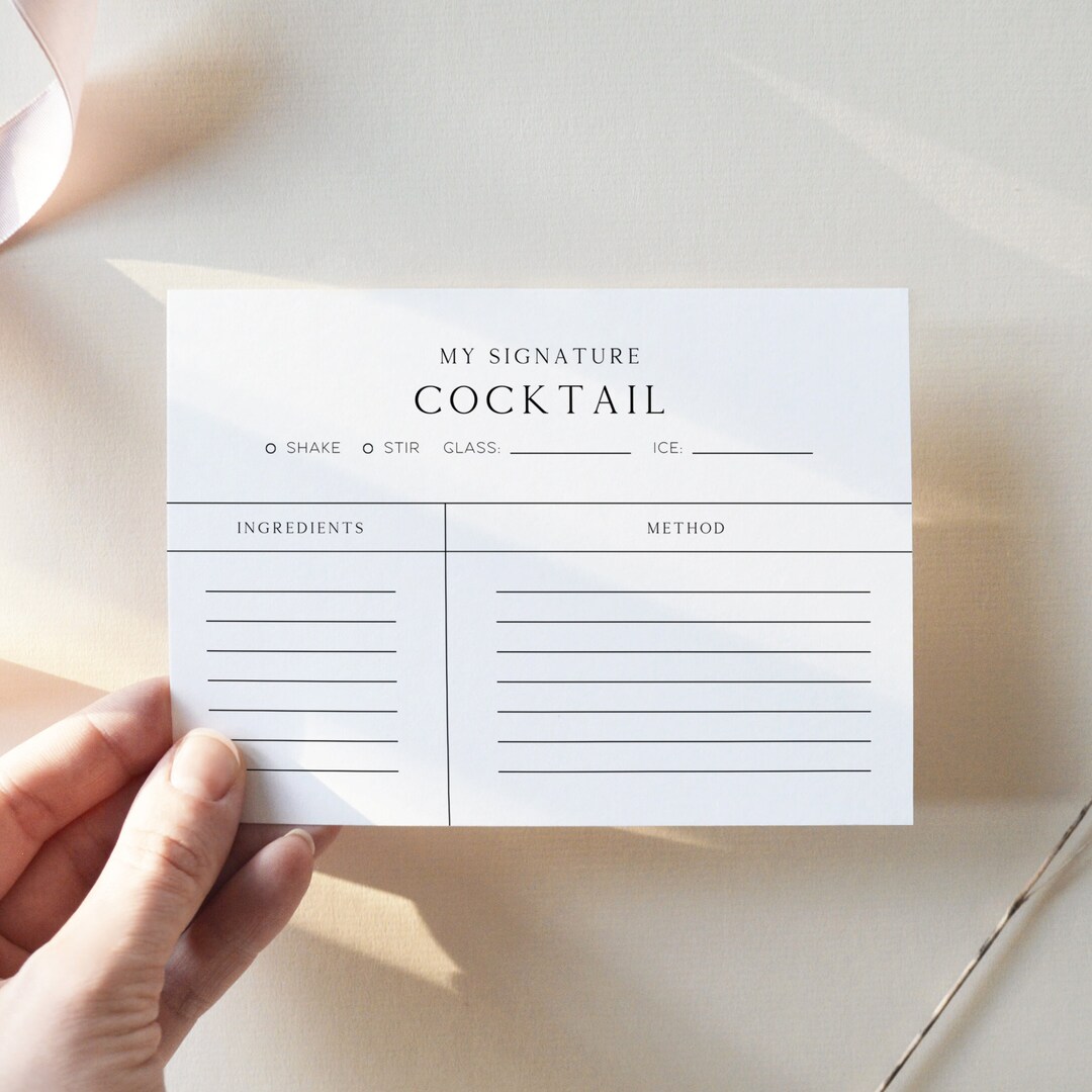 Signature Drinks Recipe Cards Template, Fillable Cocktail Method ...
