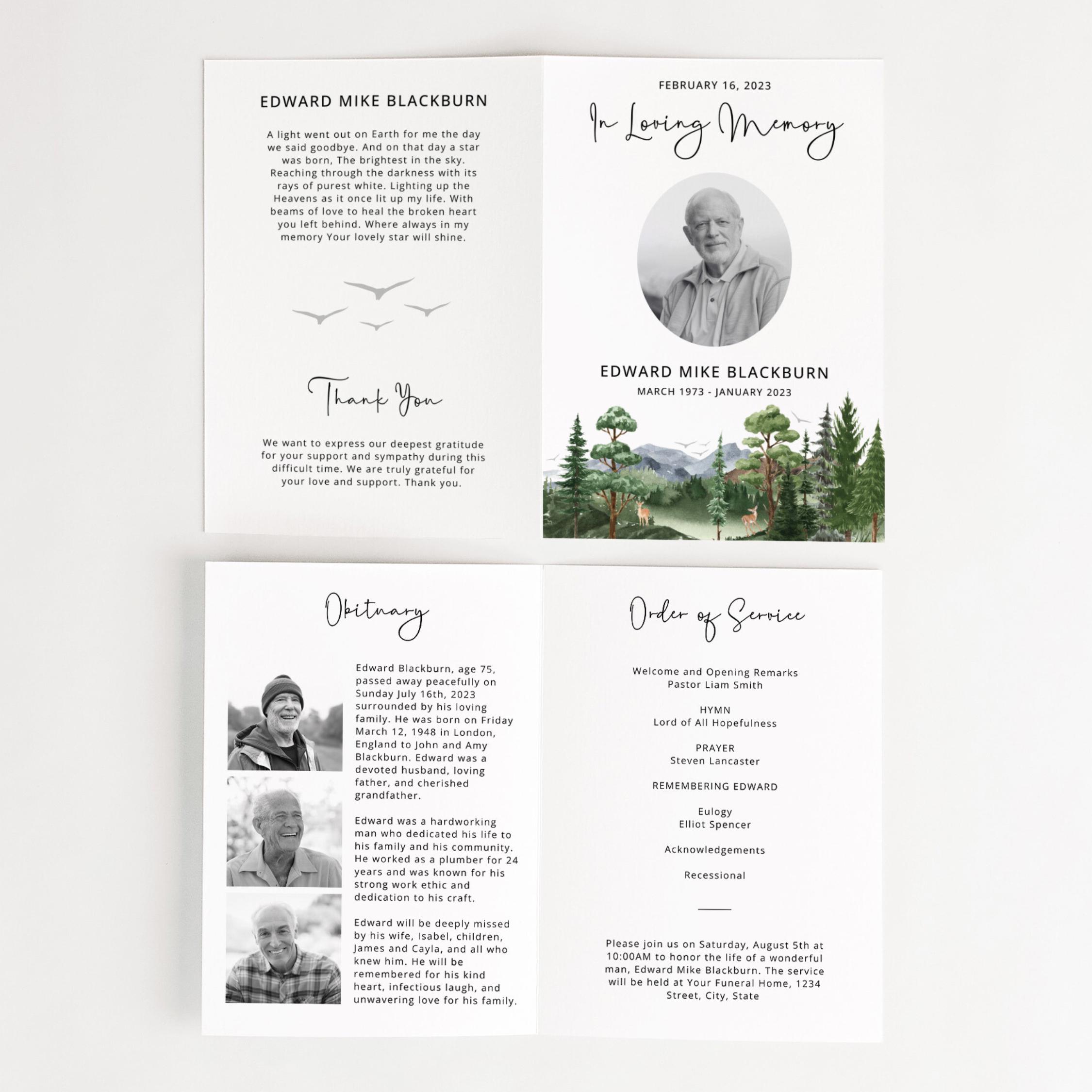 Forest Funeral Program Template for Man, Hiking Memorial Service ...