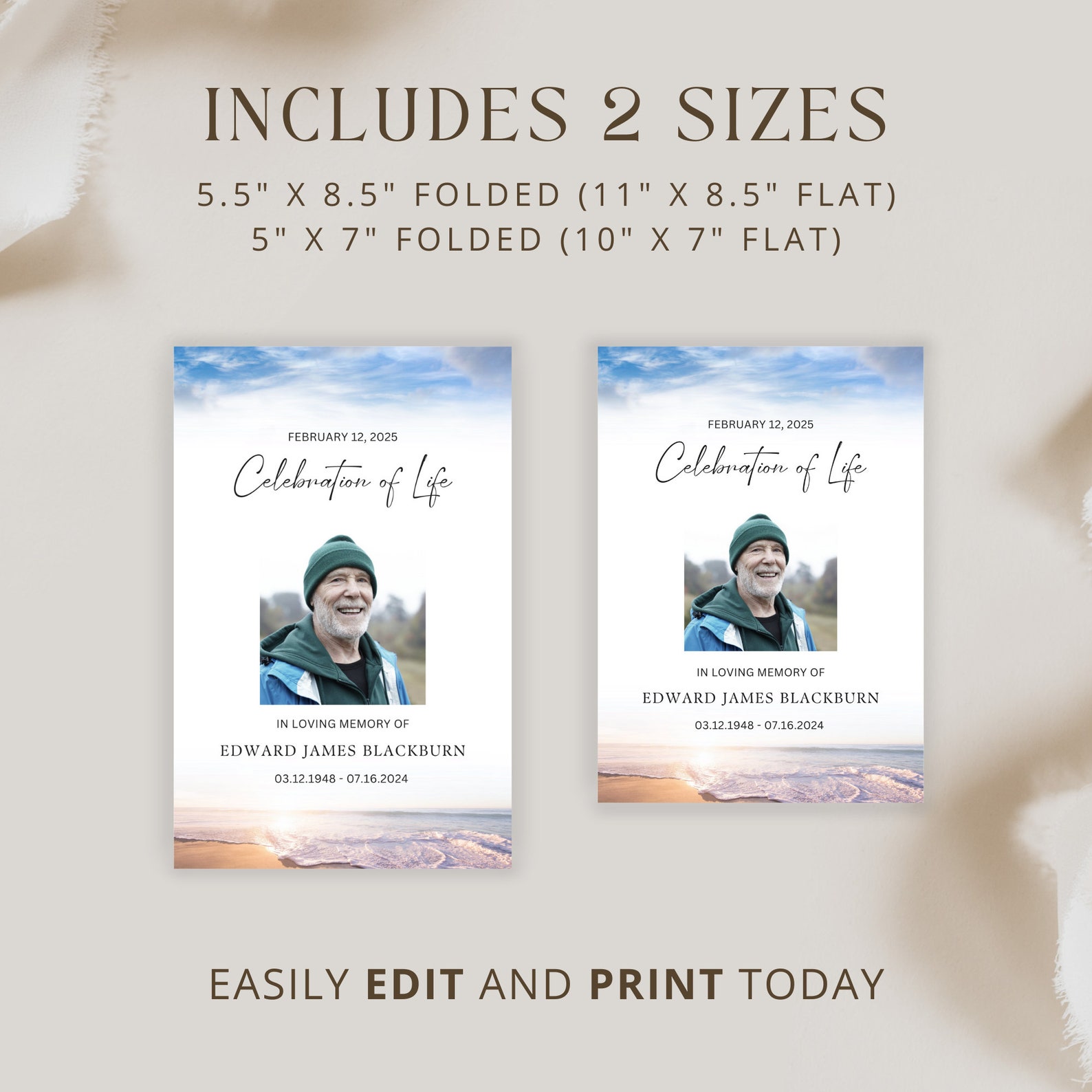 Outdoor Funeral Program Template, Beach Sky, Celebration of Life ...