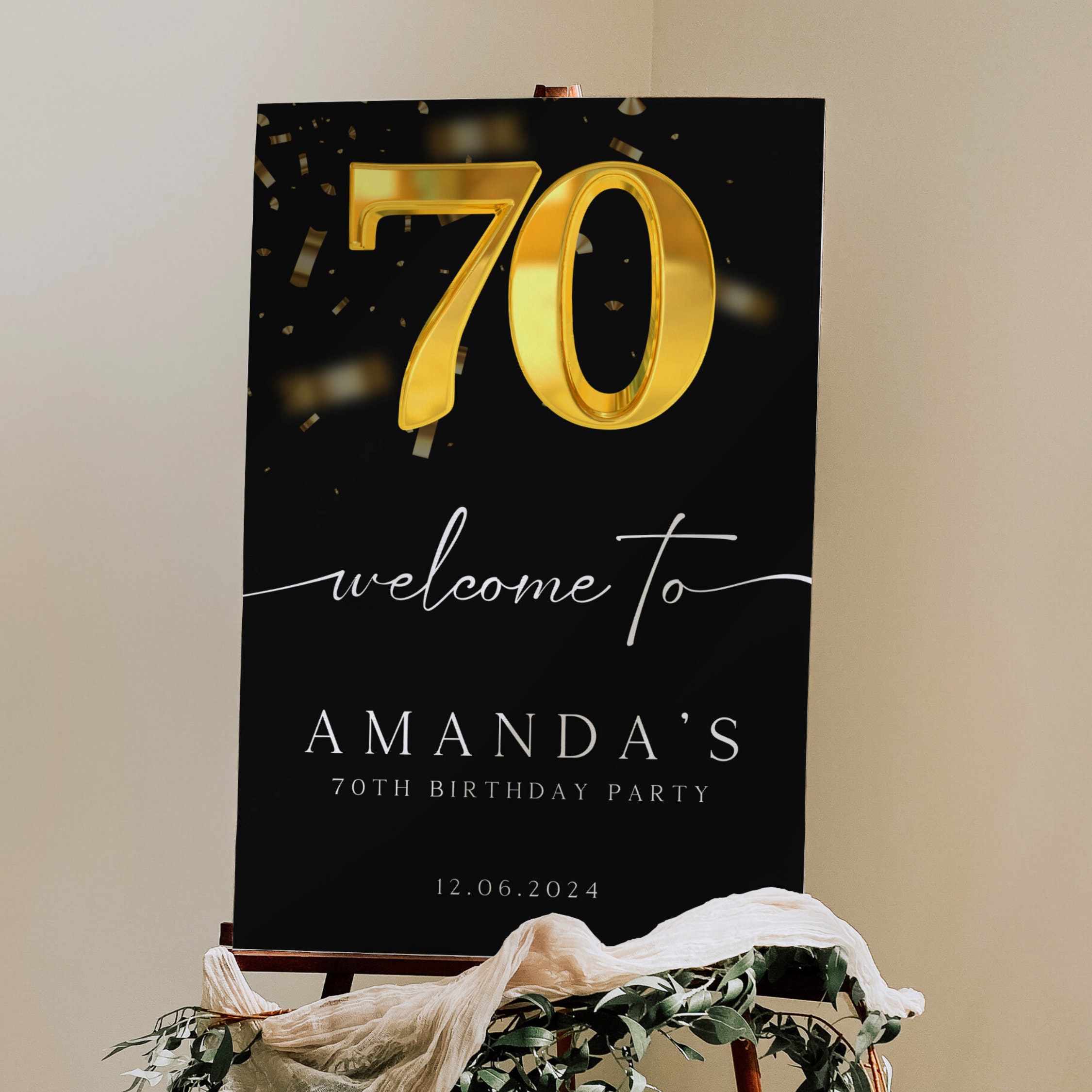 Gold 70th Birthday Welcome Sign, Modern Poster, Black and Gold Birthday ...