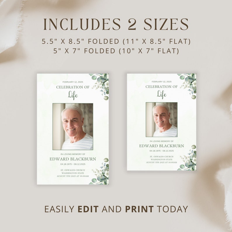 8 Page Funeral Program Template, Eucalyptus Memorial, Floral Obituary ...