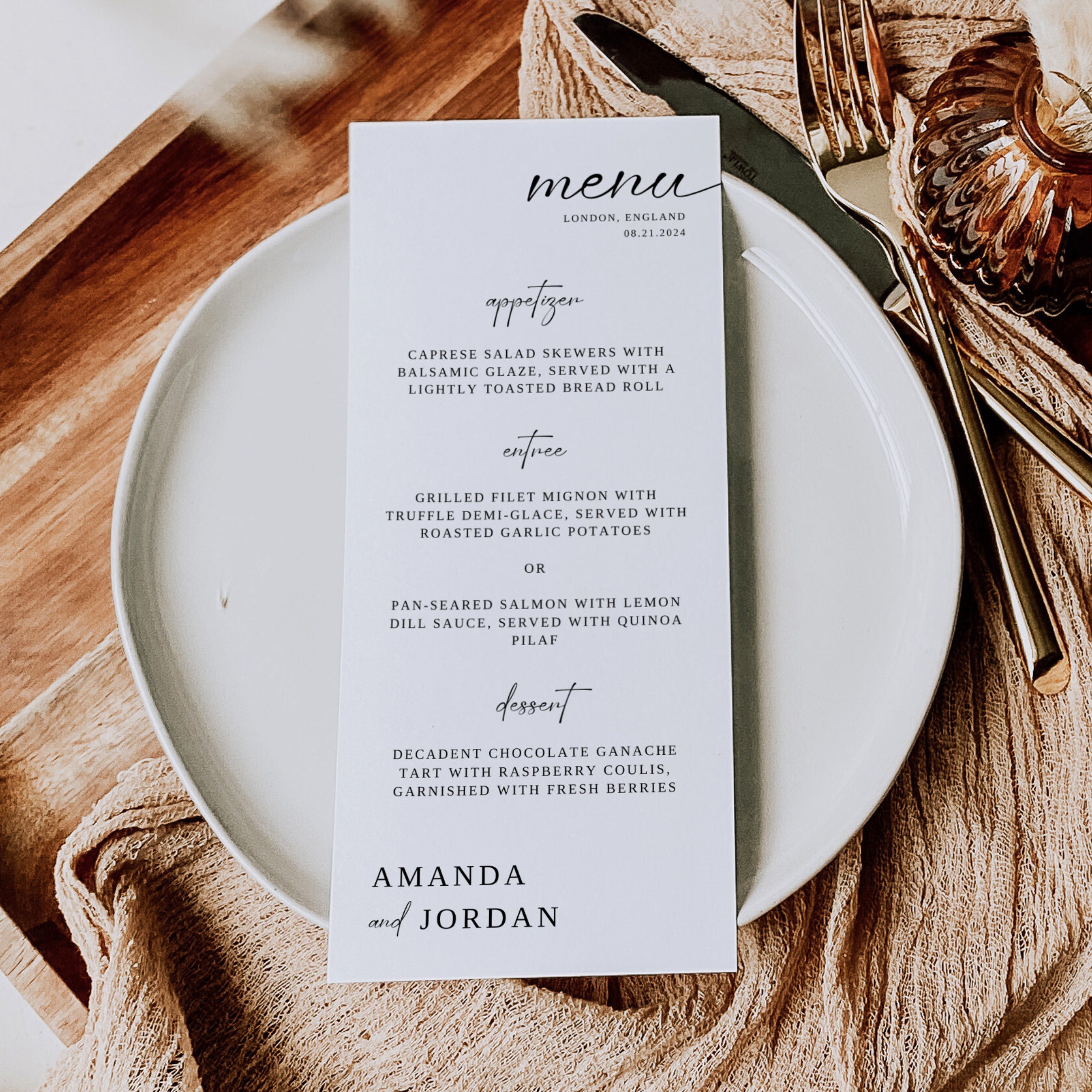Elegant Wedding Menu Template, Reception Dinner Menu Cards, Minimalist ...