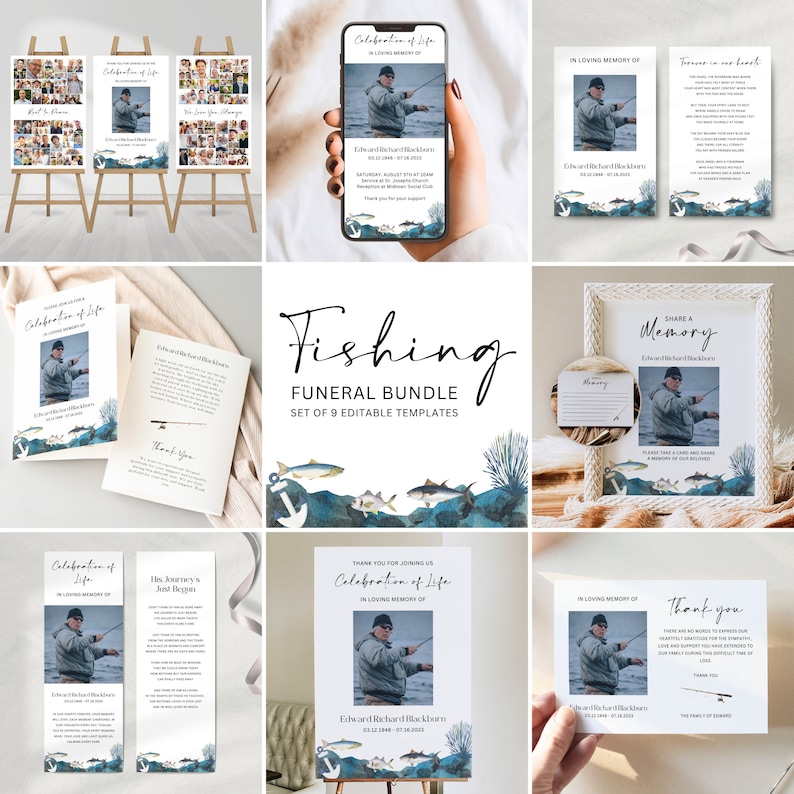 Fishing Funeral Bundle Set, Deep Blue Obituary Templates, Celebration ...