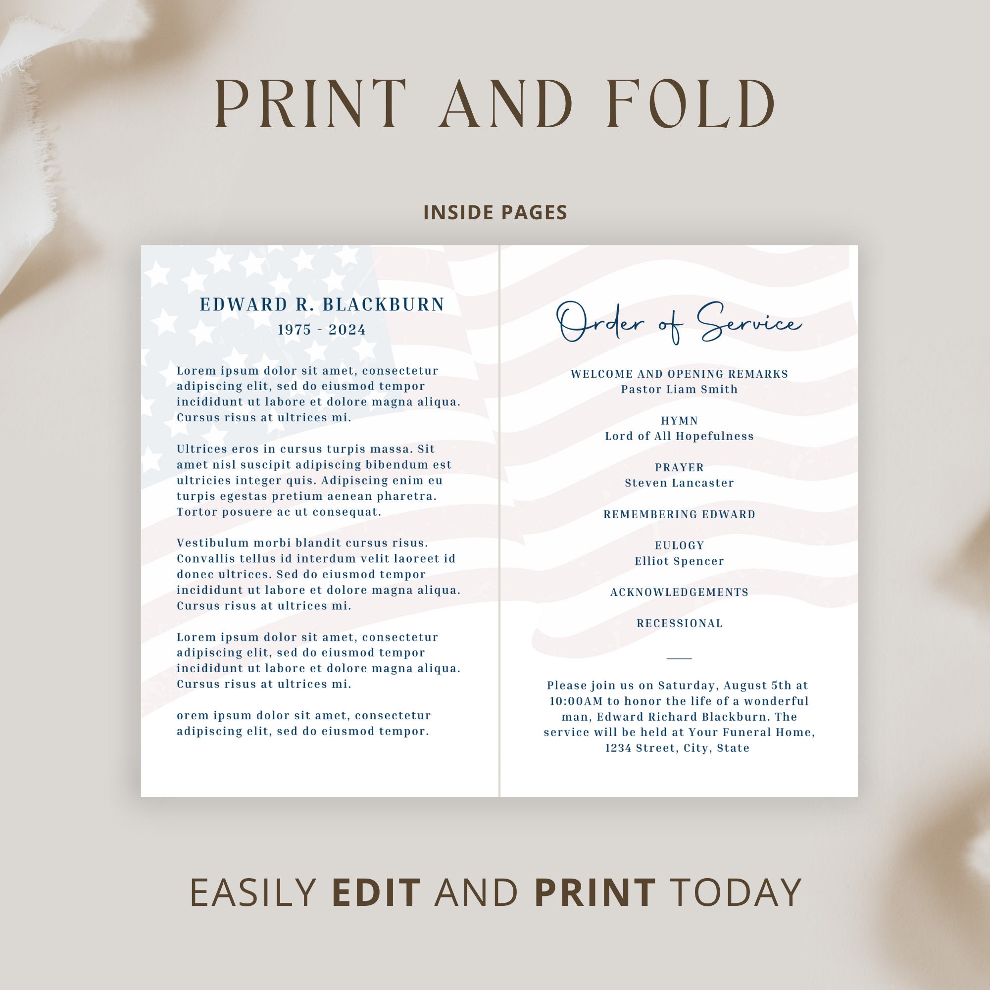 American Flag Funeral Program Template, Military Memorial Service ...