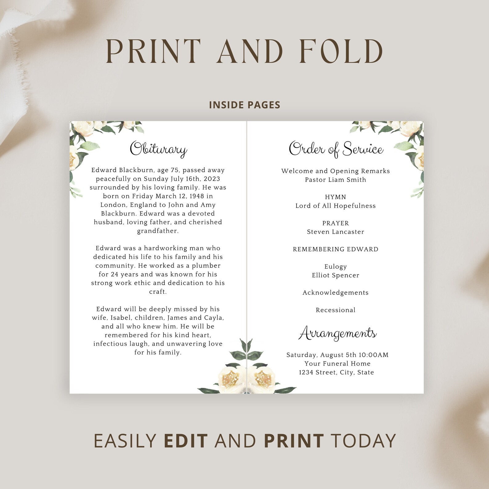 Floral Funeral Program Template for Man Order of Service Booklet ...