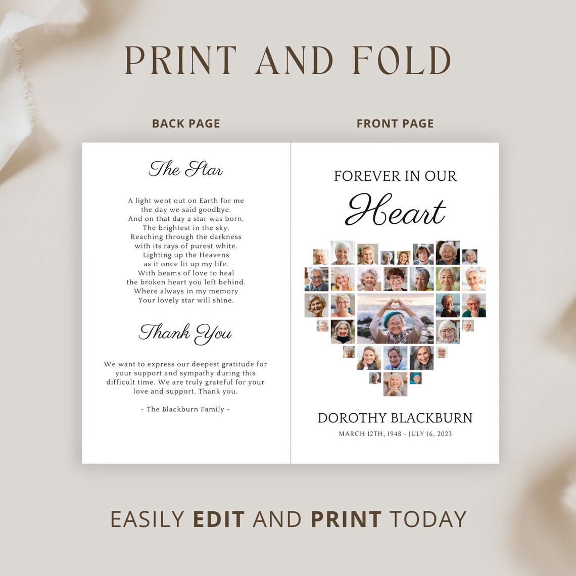 Funeral Program Template for Woman, Obituary Template, Funeral Heart ...