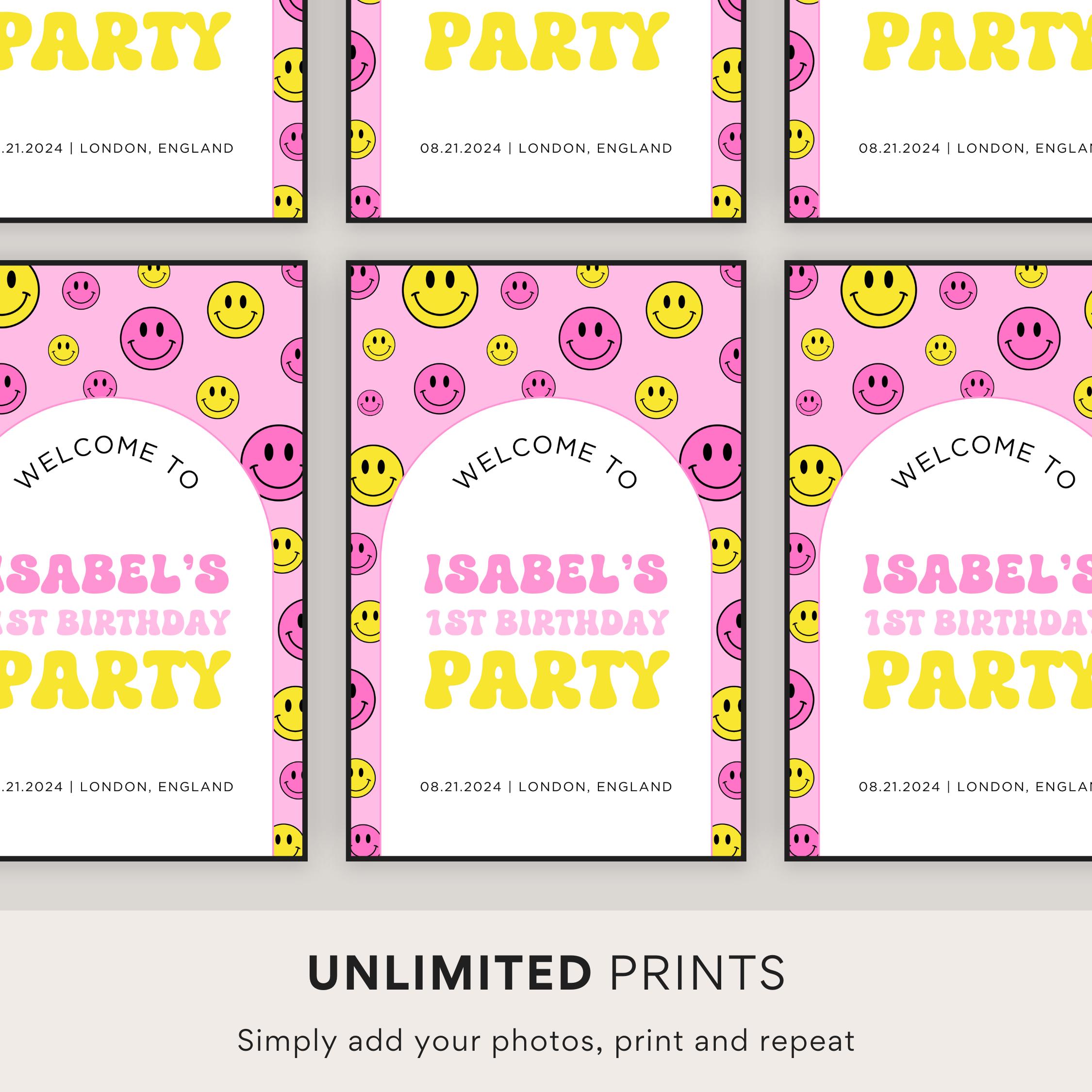 Pastel Pink Birthday Poster, Smiley Face Welcome Sign Template ...