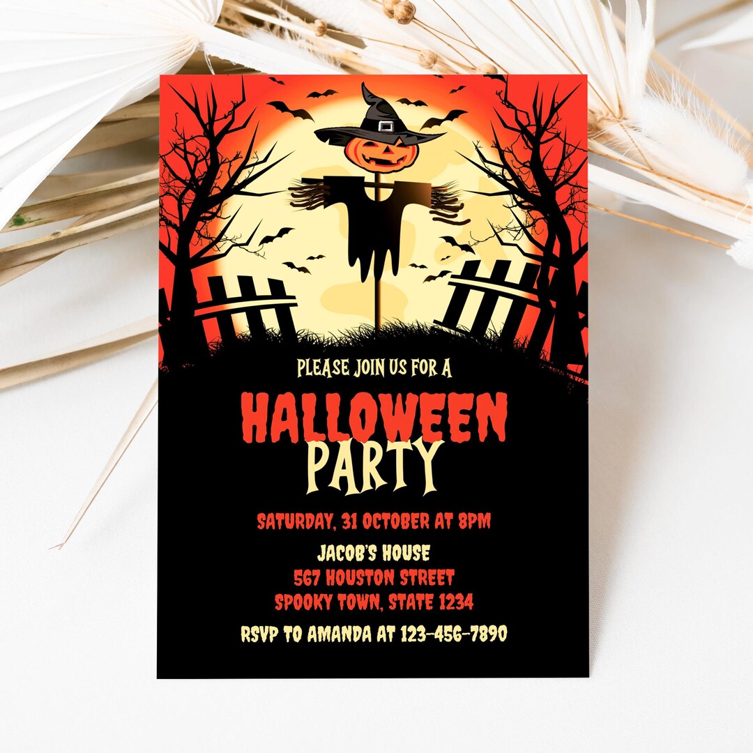 Scarecrow Halloween Invitation Template, Party Invite, Halloween ...