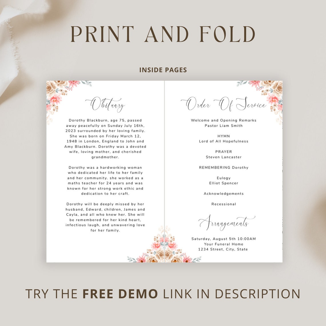 Editable Funeral Program Template, Floral Memorial Program, DIY ...