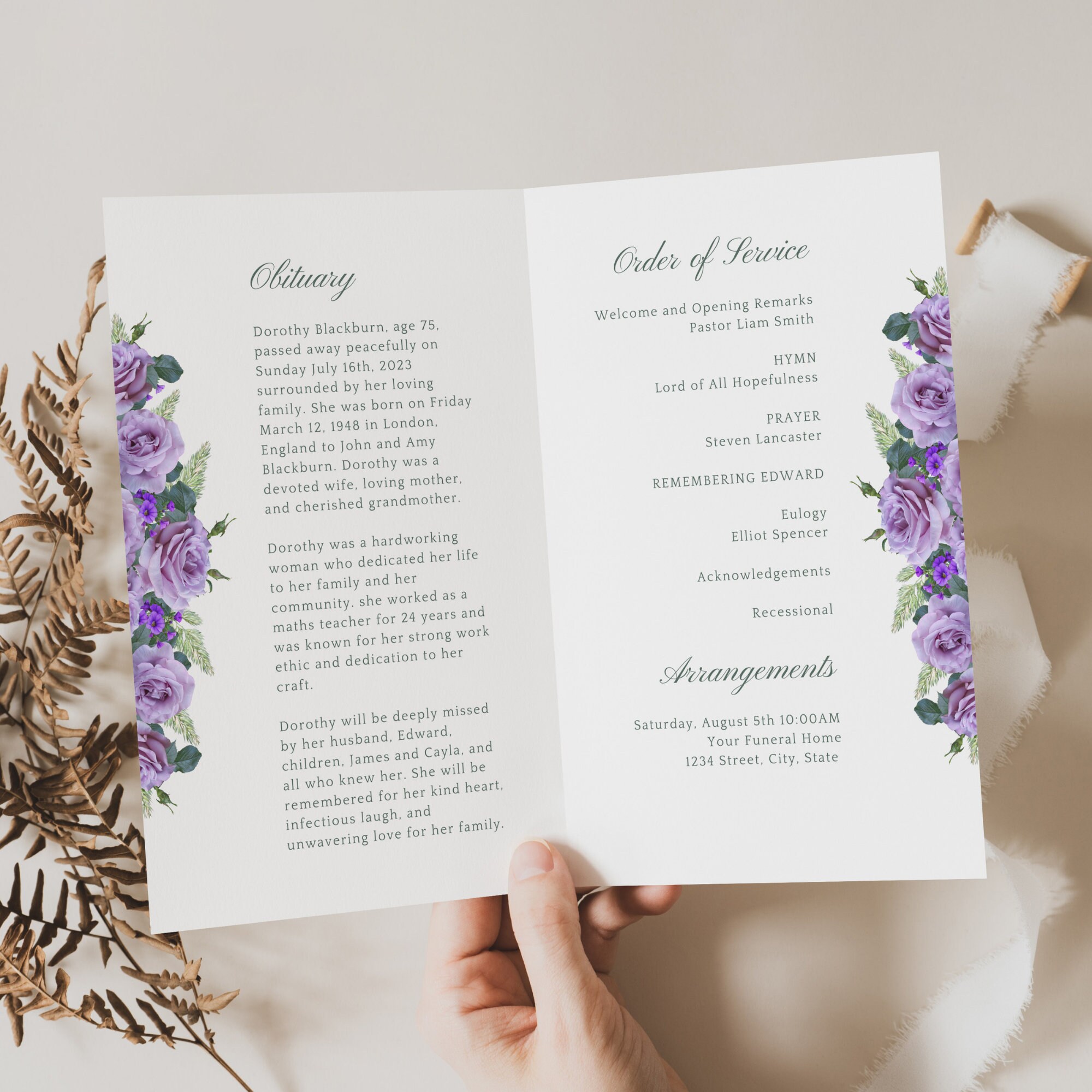 Peony Funeral Program Template, Memorial Service, Obituary Template ...