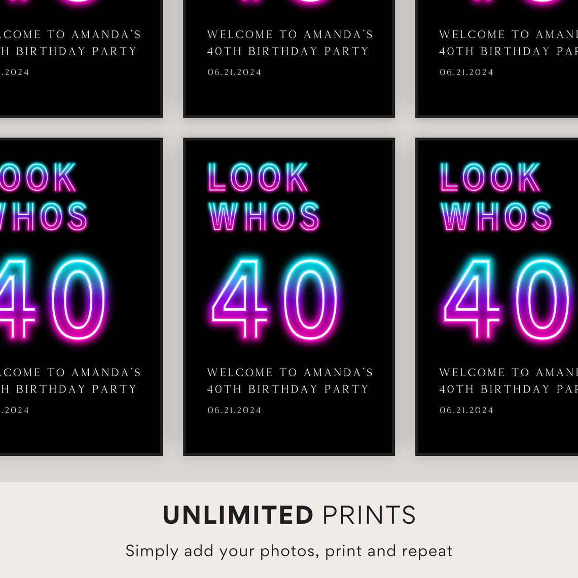 Neon 40th Birthday Party Welcome Sign, Neon Shine Birthday Poster, Any ...