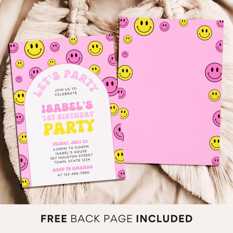 Smiley Face Birthday Party Invitation Template, Pastel Pink Invite ...