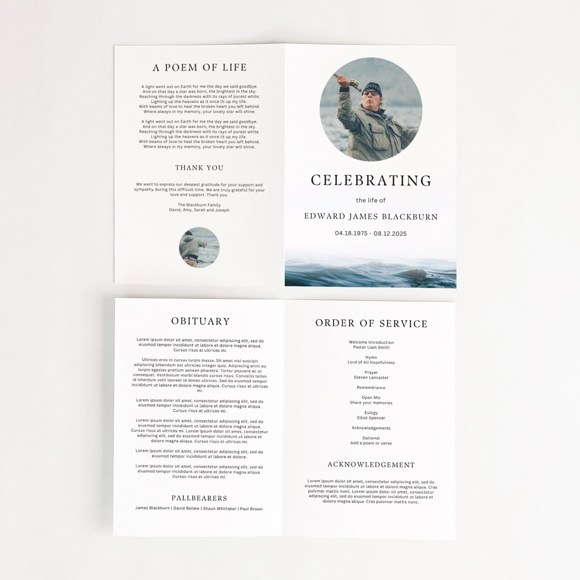 Fishing Funeral Program Template for Man, Blue Obituary Template ...