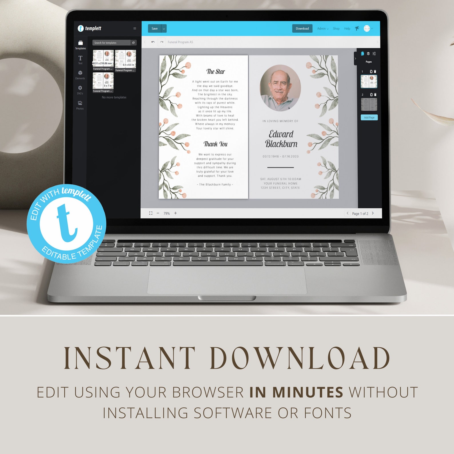 Printable Funeral Program Template Floral Order of Service Memorial ...