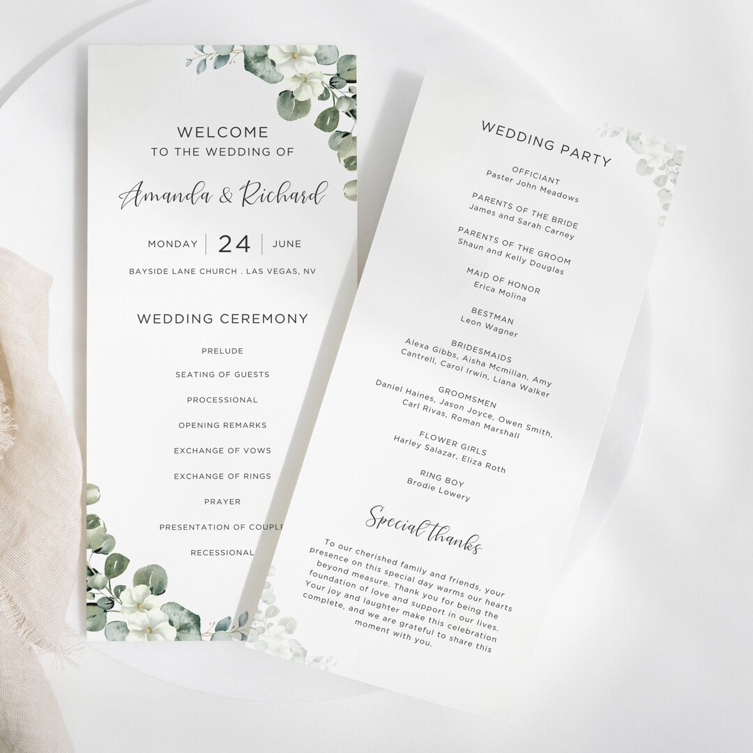 Editable Wedding Program Template, Greenery Order of Service, Wedding ...