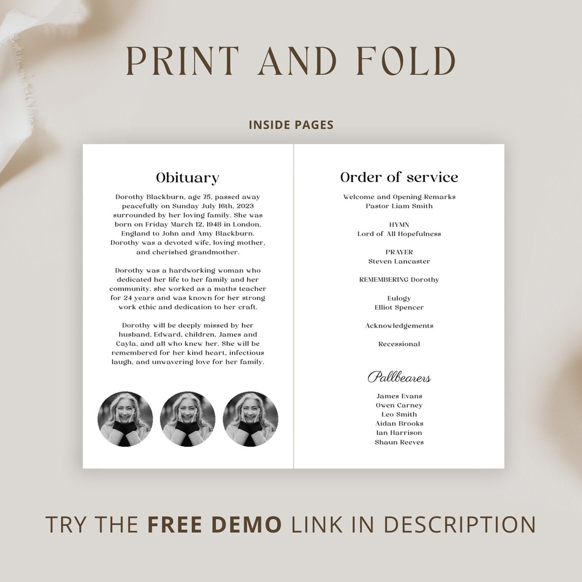 Minimalist Obituary Template for Women, Funeral Program Template ...