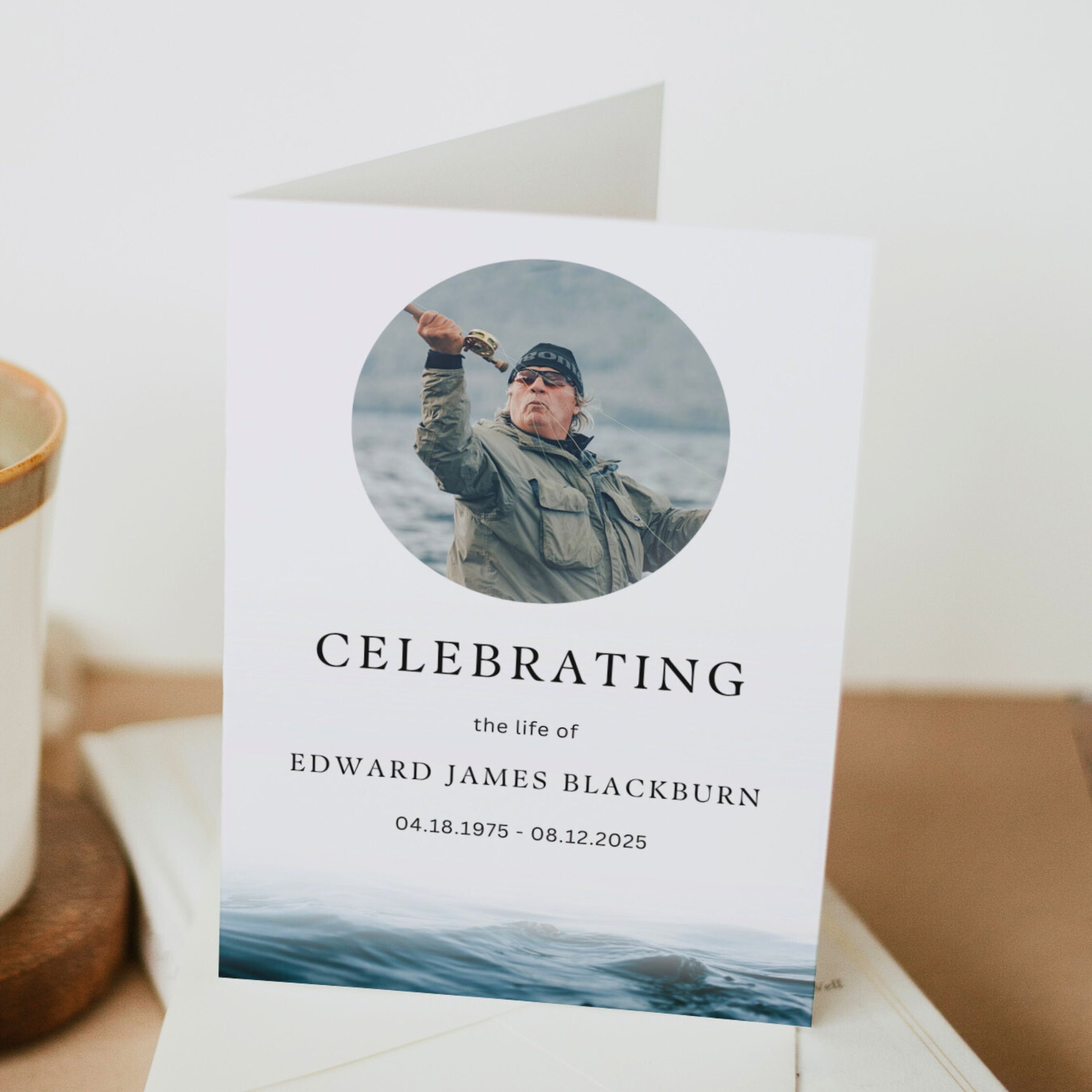 Fishing Funeral Program Template for Man, Blue Obituary Template ...