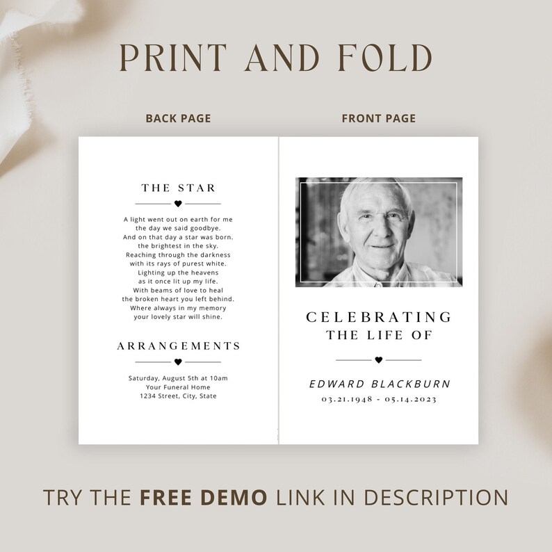 Simple Funeral Program Template, Memorial Brochure, Minimal Order of ...