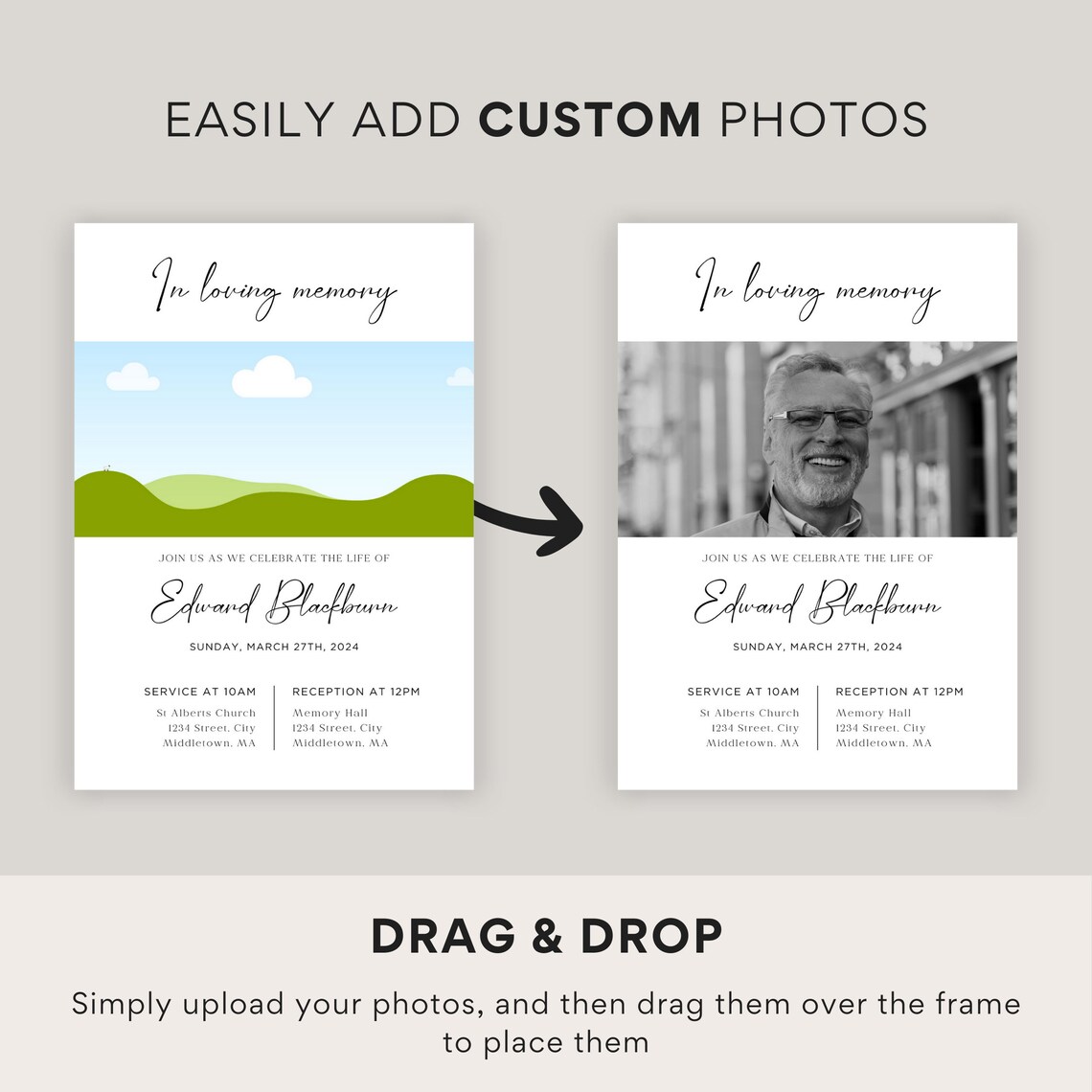 Minimal Funeral Announcement for Man, Memorial Invitation, Printable ...