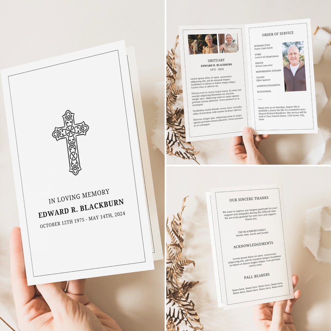 Catholic Cross Funeral Program, Minimal Obituary Template, Editable ...