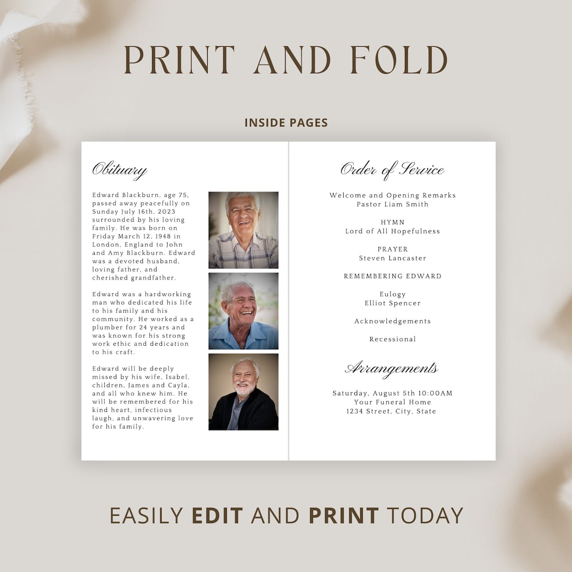 Masculine Funeral Program Template, Order of Service Booklet, Memorial ...