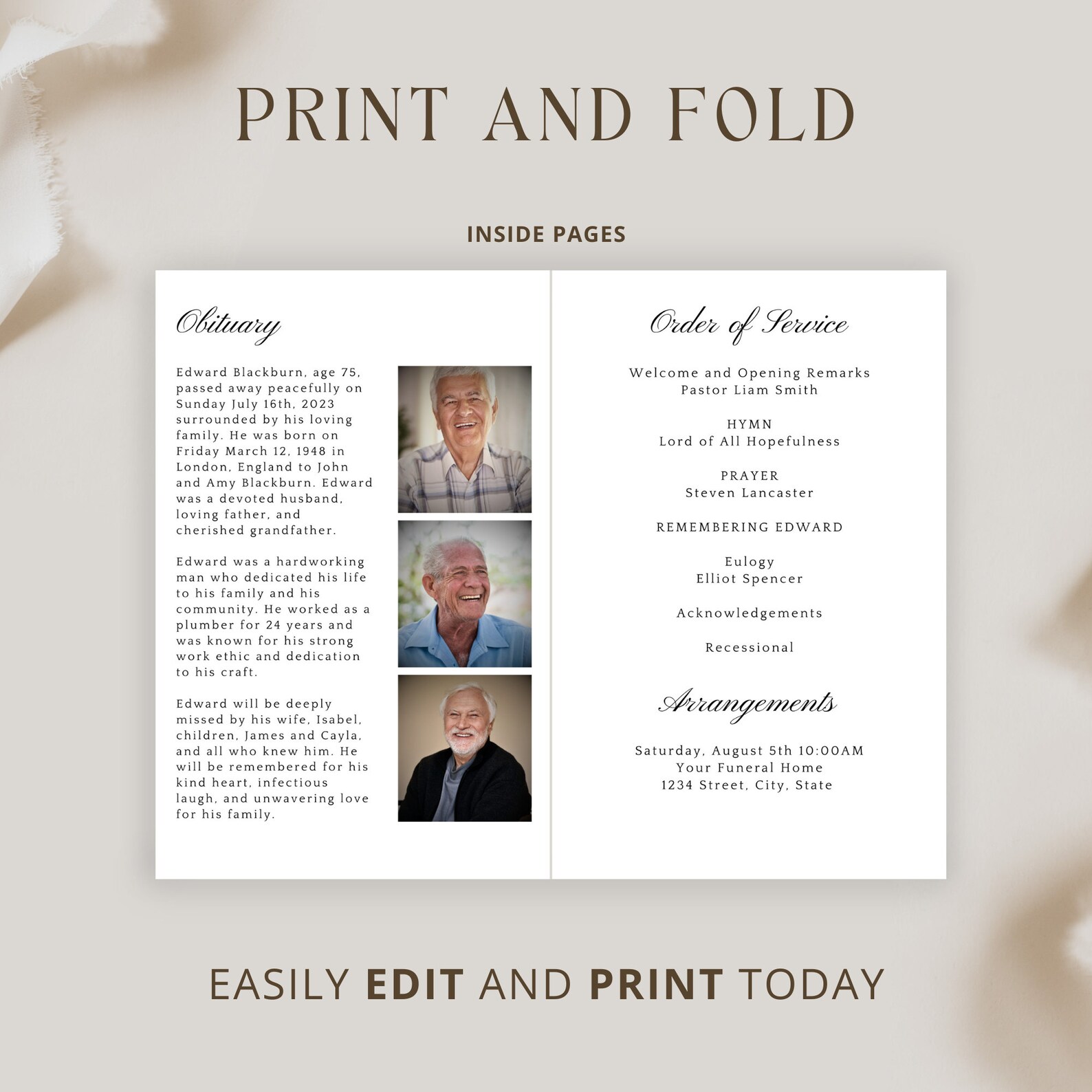 Masculine Funeral Program Template, Order of Service Booklet, Memorial ...