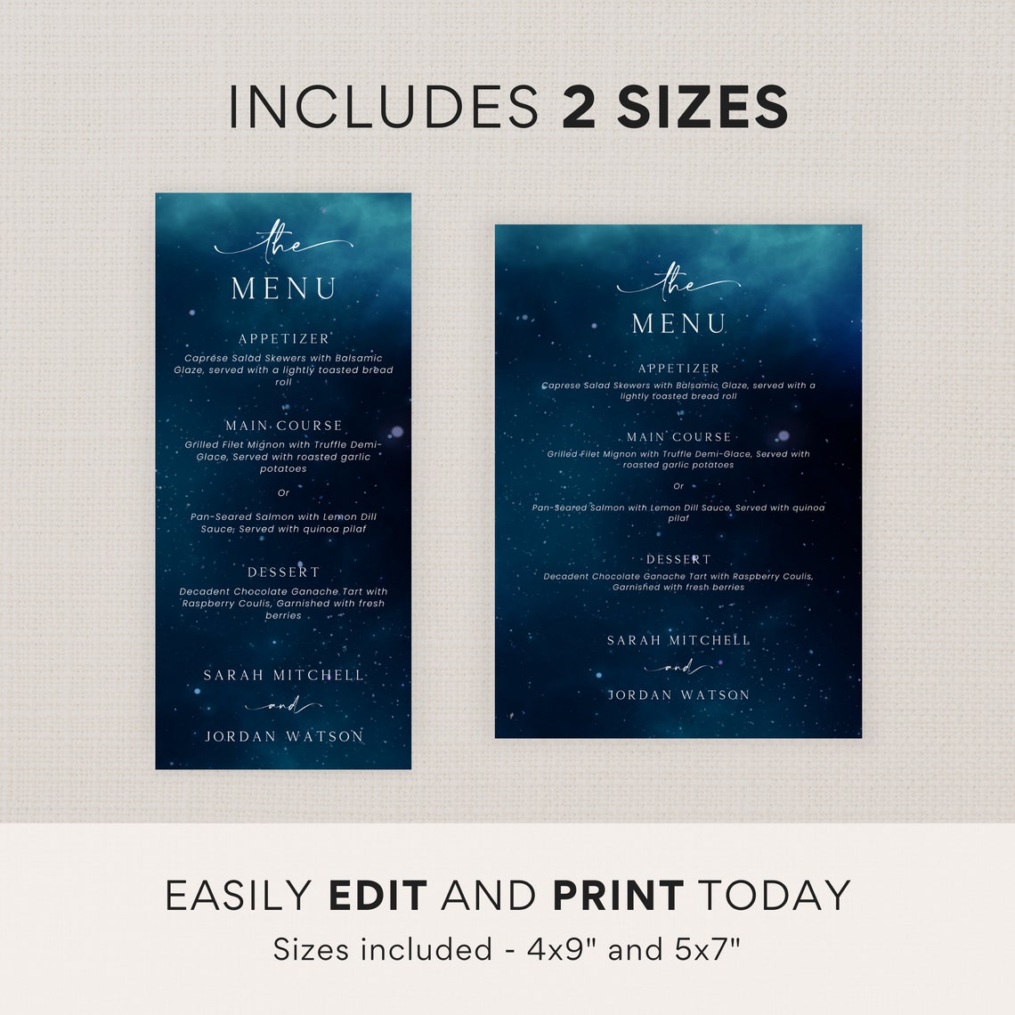 Starry Night Wedding Menu Template, Blue Celestial Dinner List ...