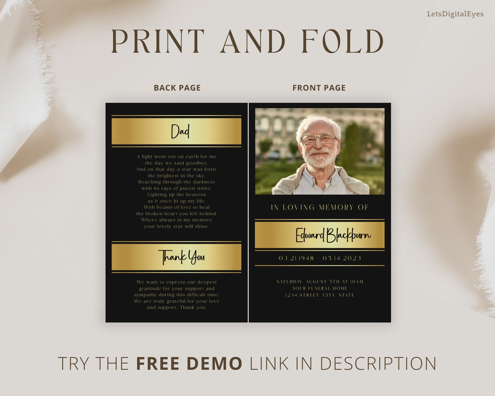 Luxury Funeral Program Template for Man Black Gold Obituary - Etsy