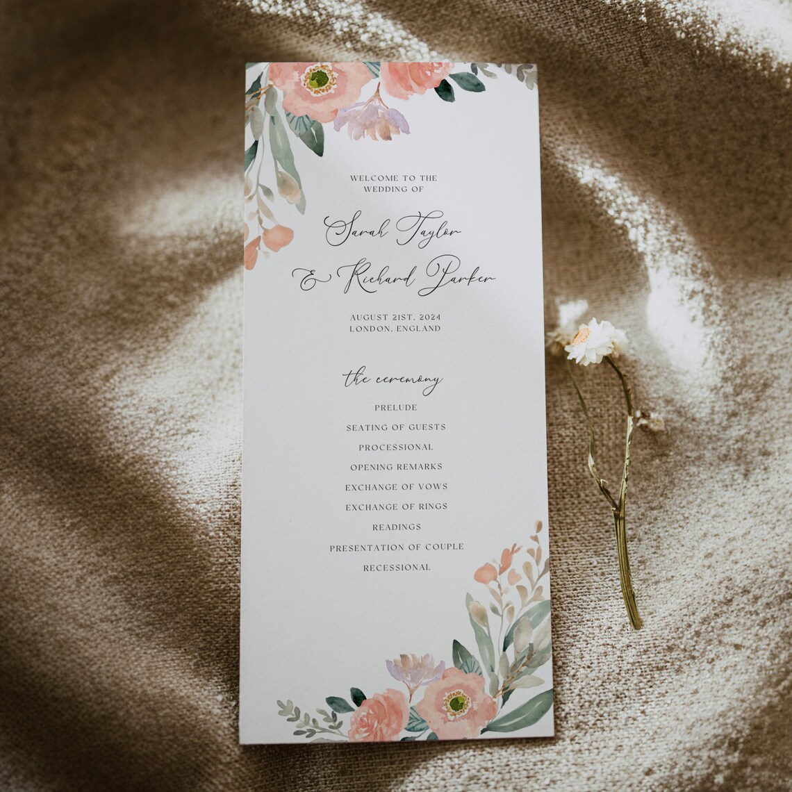 Floral Wedding Program Template, Order of Service, Baby Pink Ceremony, Greenery Itinerary ...