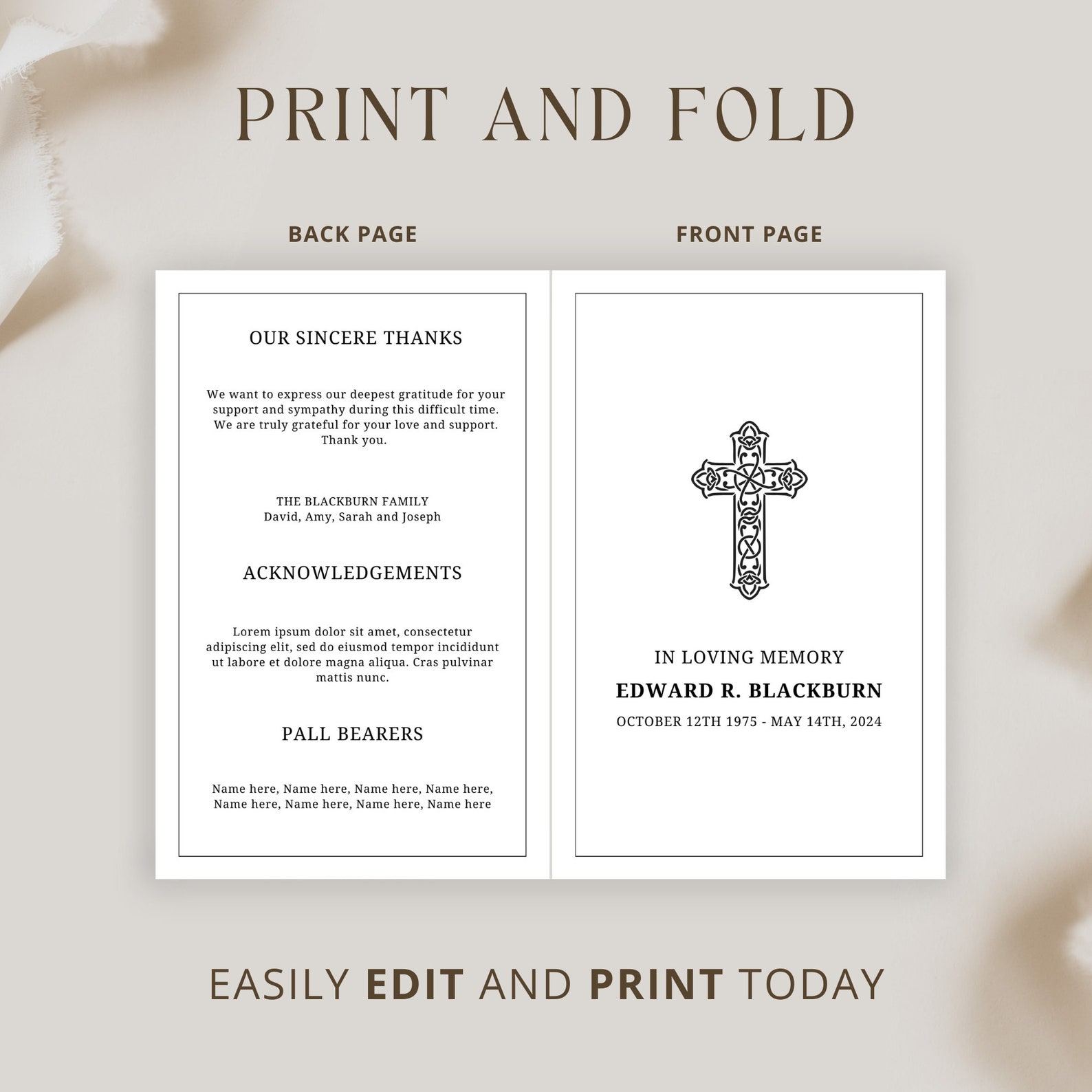Catholic Cross Funeral Program, Minimal Obituary Template, Editable ...