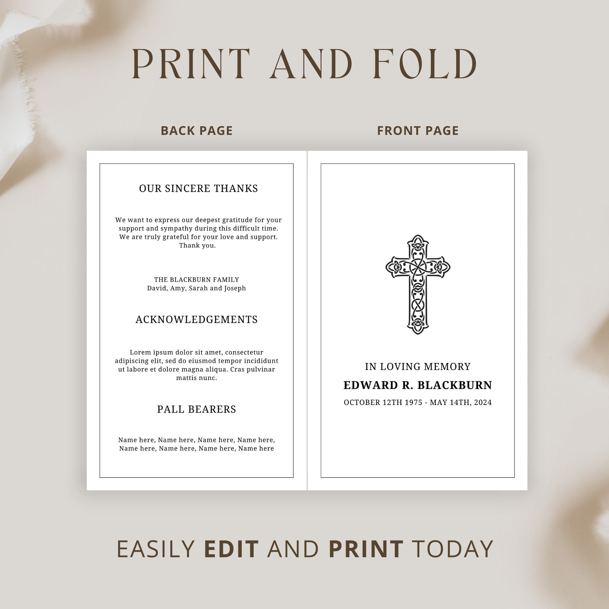 Catholic Cross Funeral Program, Minimal Obituary Template, Editable ...