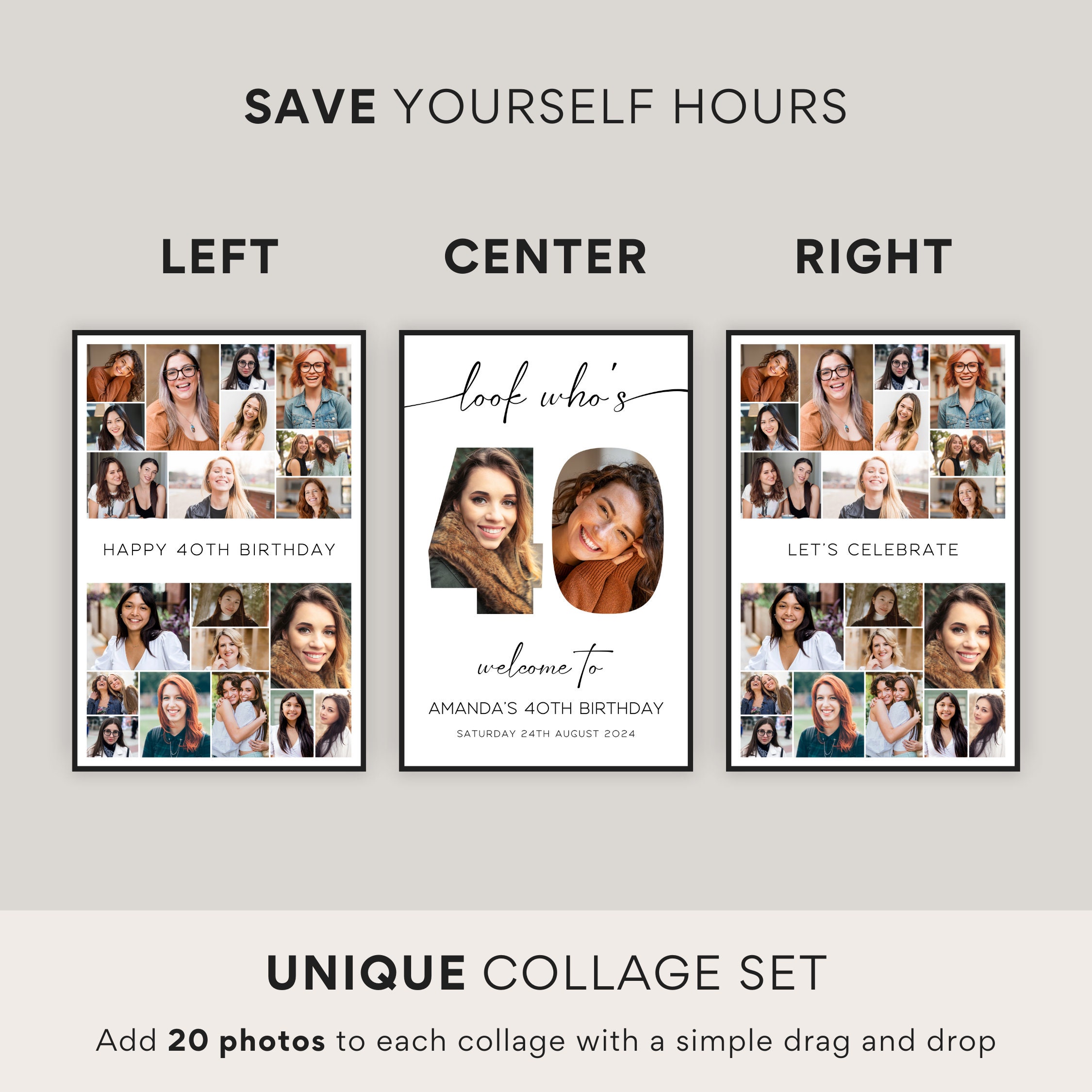 40th Birthday Poster Collage, Look Who's 40 Sign, Set of 3, Editable ...