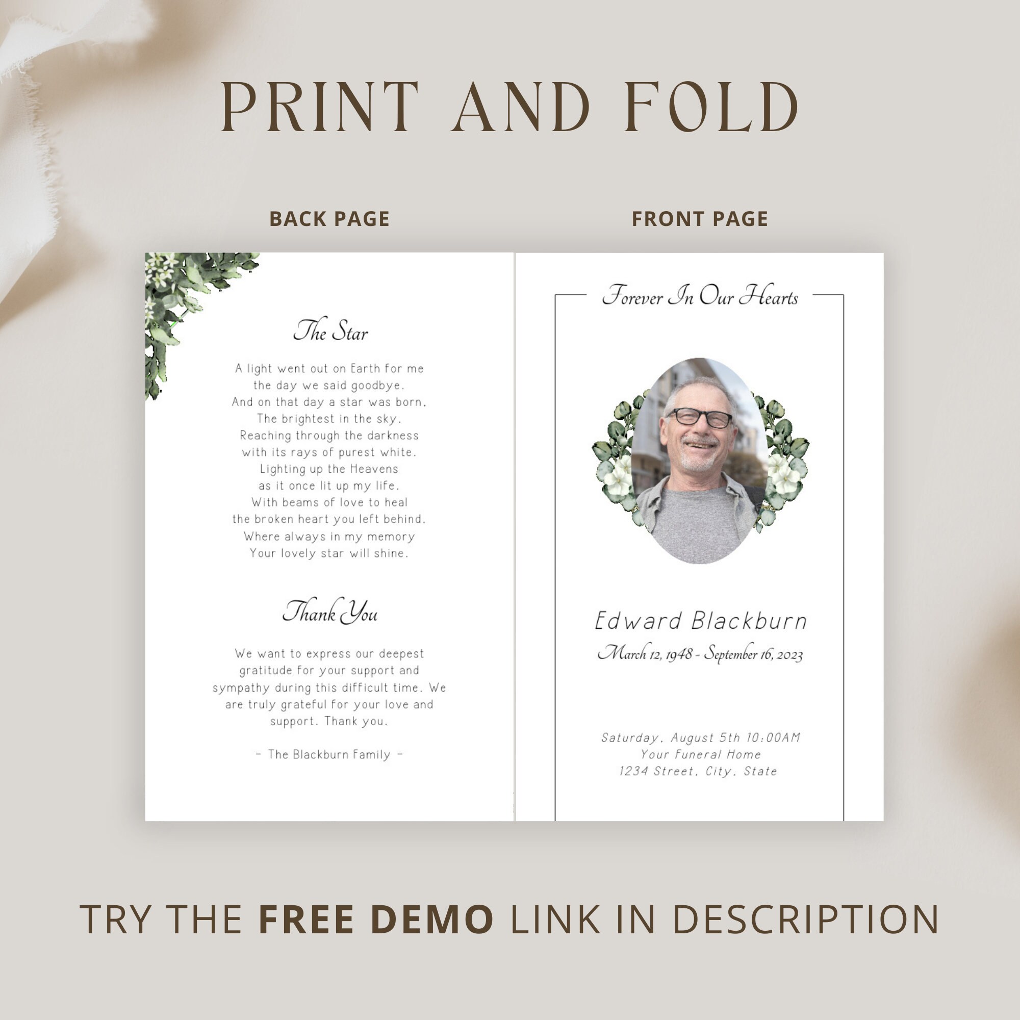 Greenery Funeral Program for Man, Floral Obituary Template, Wake Eulogy ...